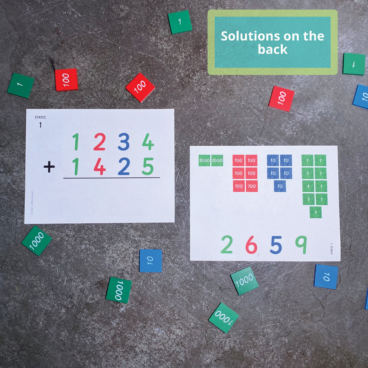 Montessori Math 4-Digit Stamp Game Addition with Small Cards – JRMontessori