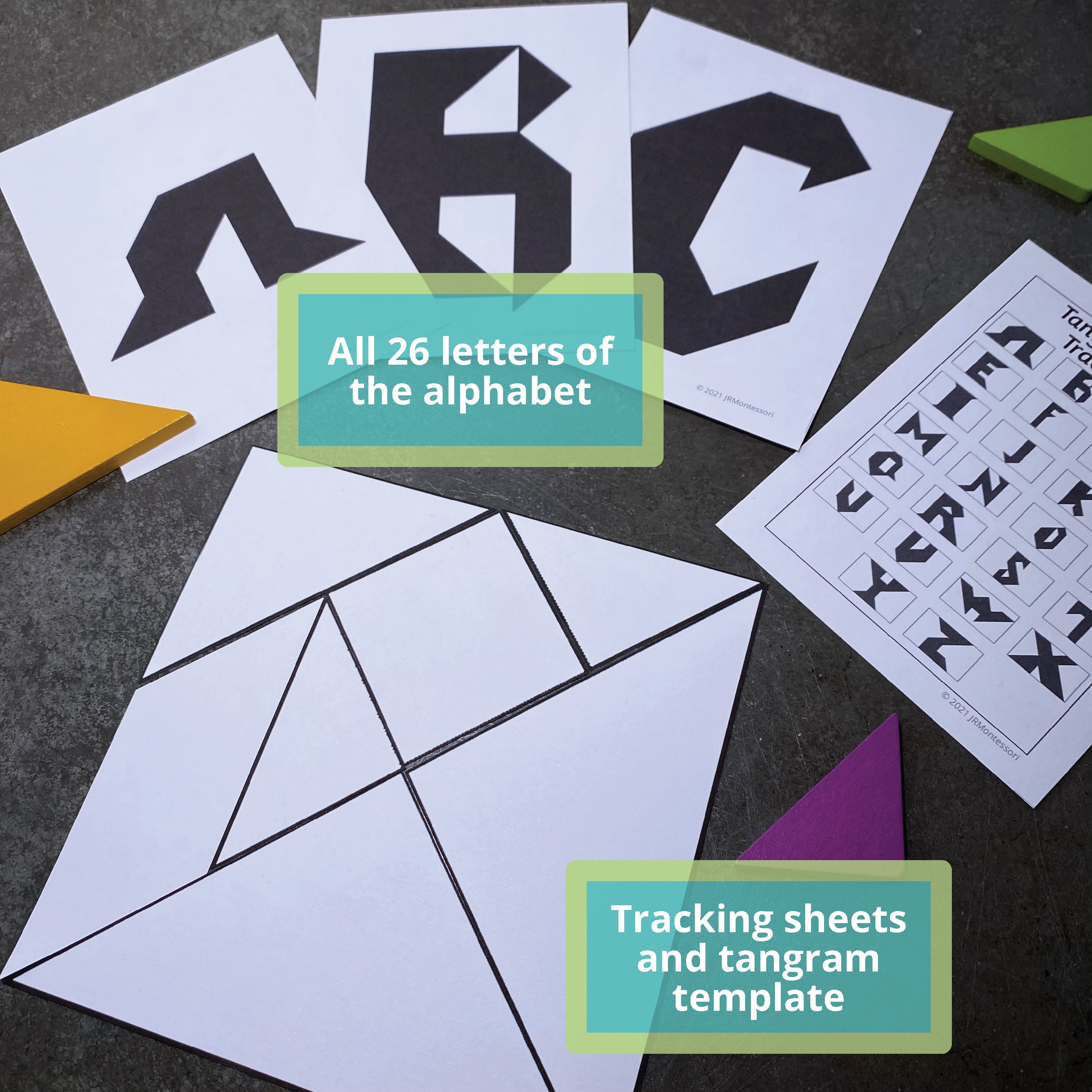 Tangram Task Cards with Alphabet Puzzles – JRMontessori